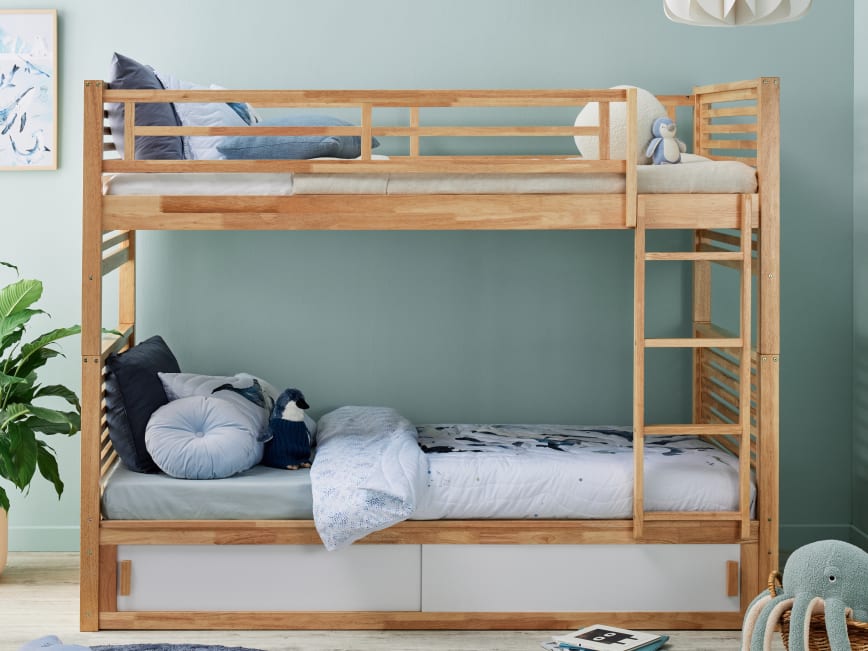 Rio King Single Bunk Bed with Storage | Natural Hardwood Frame